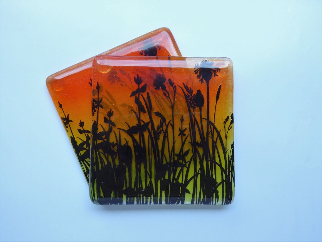 Fused Glass Flower Meadow Coaster, Orange Yellow Wildflower Design ...