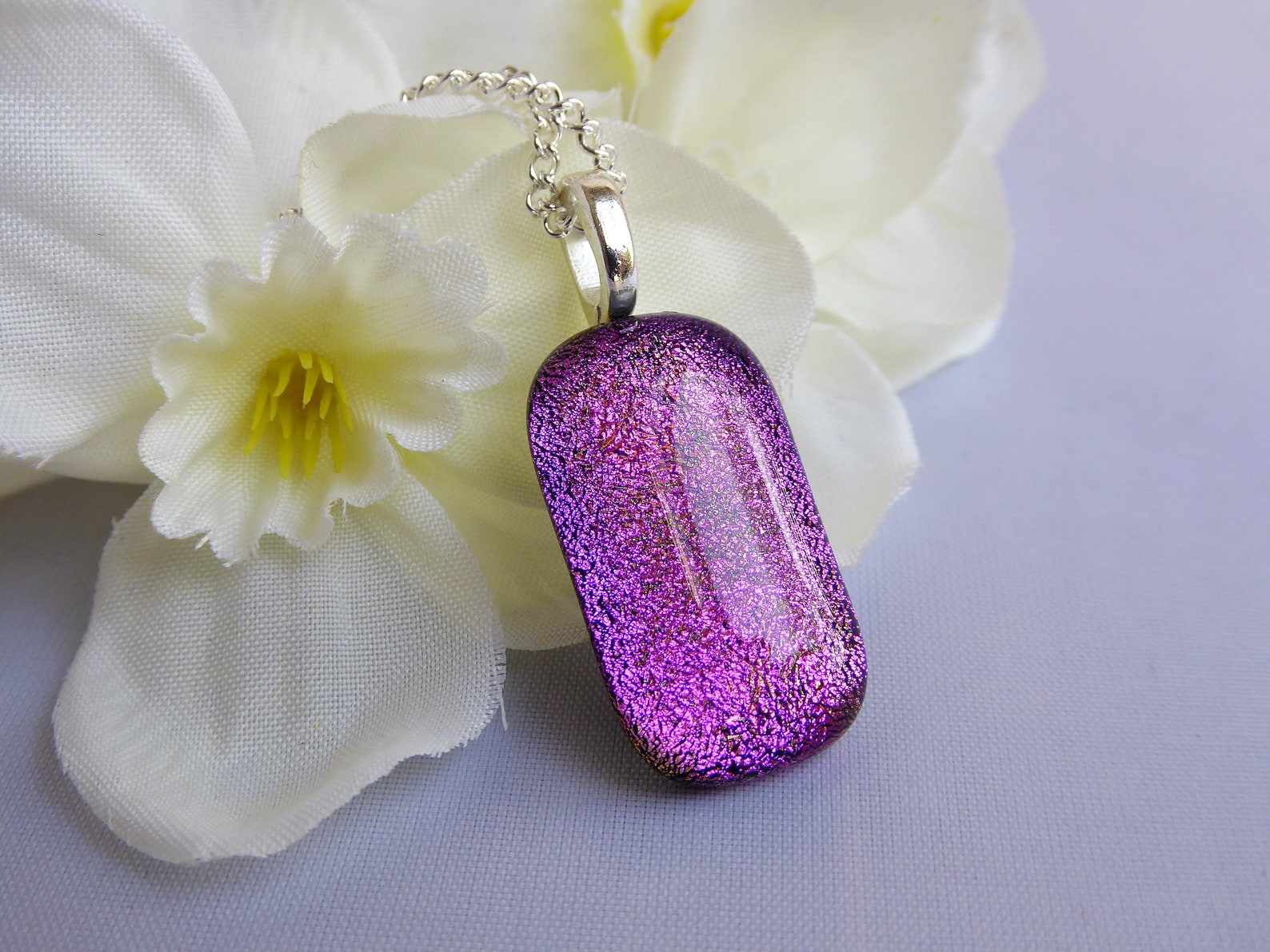 Pink dichroic glass pendant. Magenta fused glass necklace. | Etsy