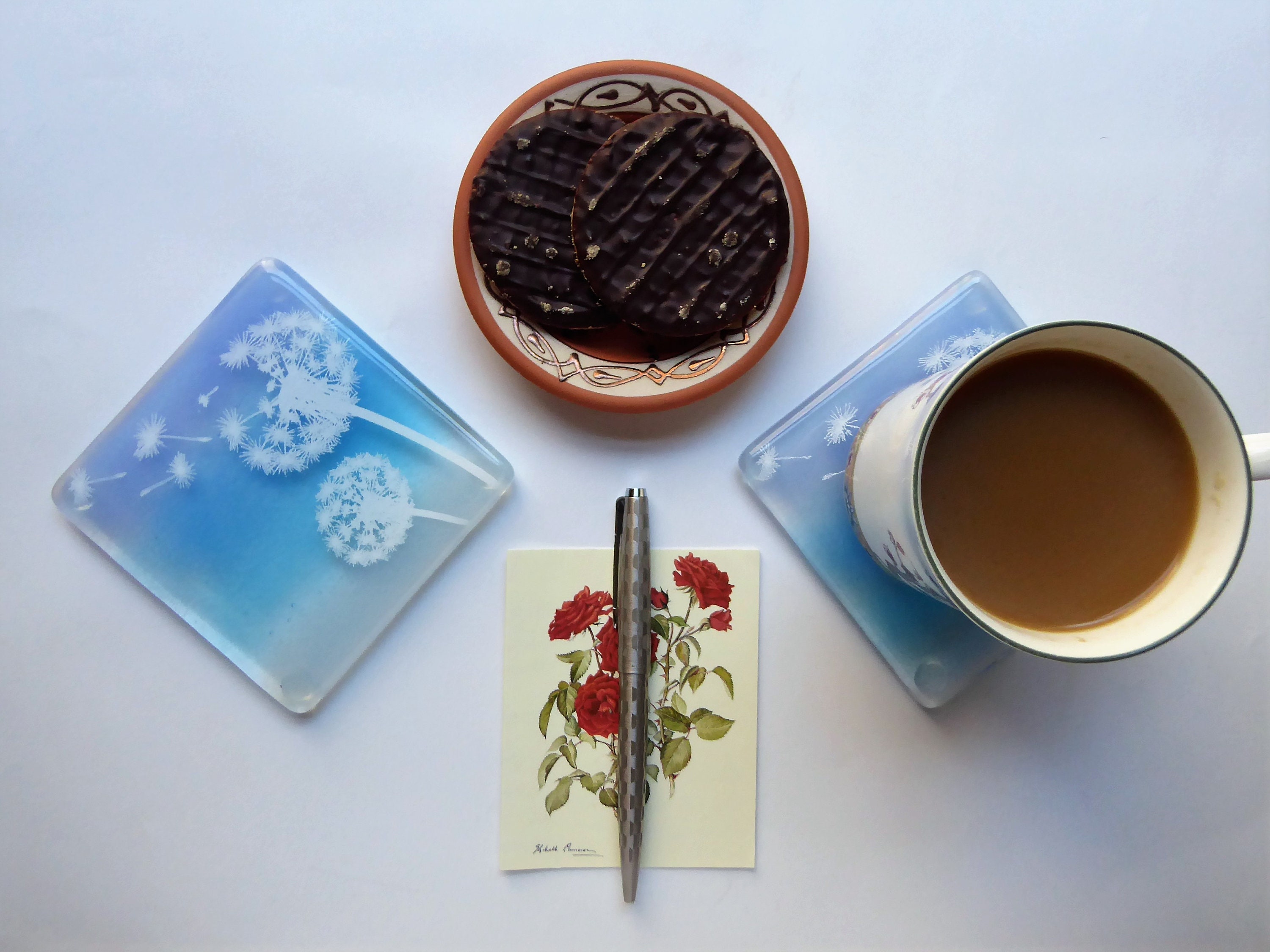Fused Glass Flower Coaster. Blue White Dandelion Fuses Glass - Etsy UK