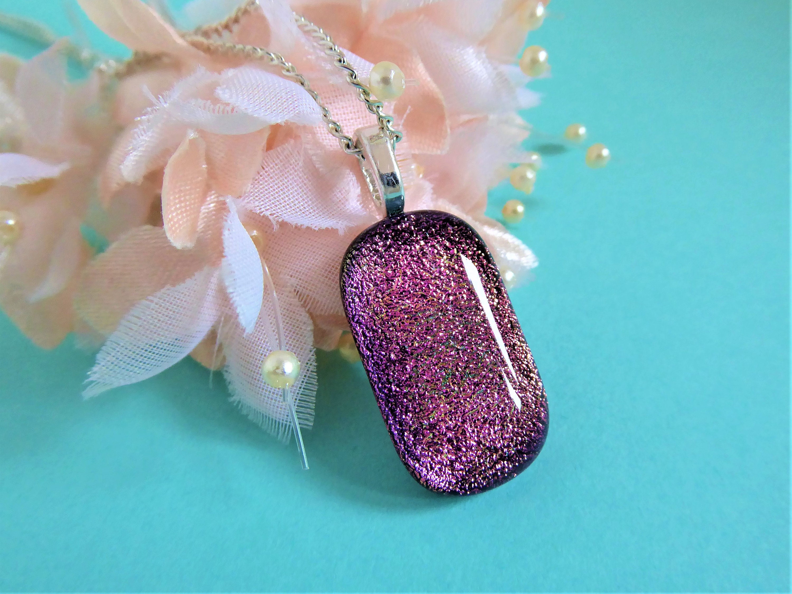 Pink Dichroic Glass Pendant. Magenta Fused Glass Necklace. - Etsy UK