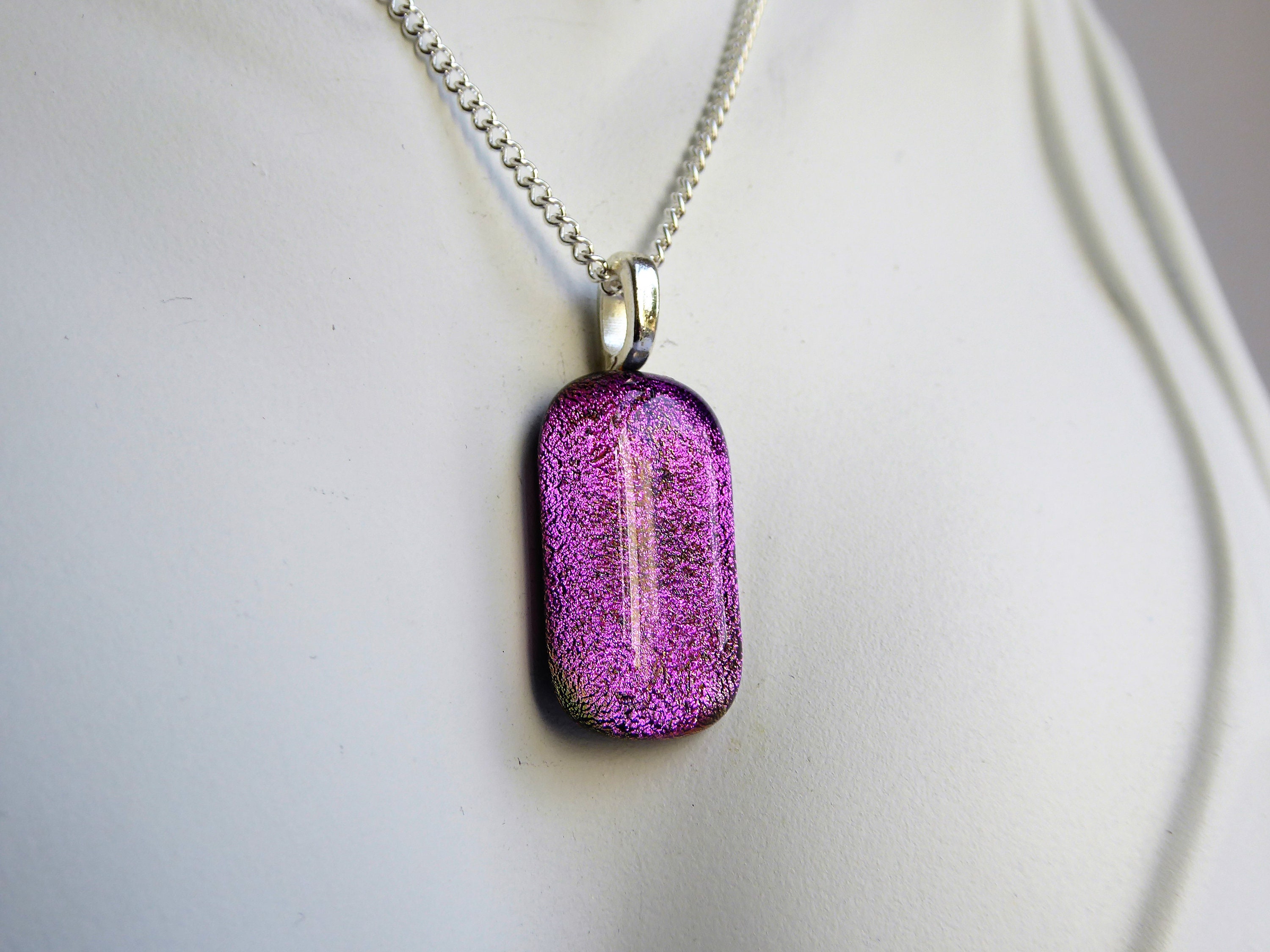 Pink dichroic glass pendant. Magenta fused glass necklace. | Etsy