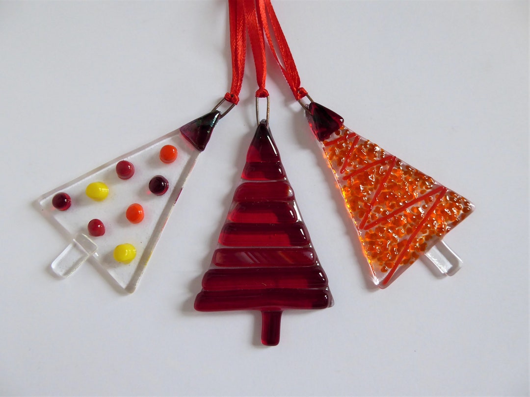 Fused Glass Christmas Tree Set, Handmade Holiday Ornaments in 5 Colour ...