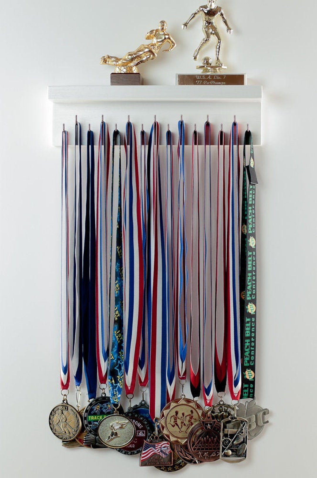 L Hooks Wood Wall Holder With Shelf / Trophy Medal Ribbon Display ...