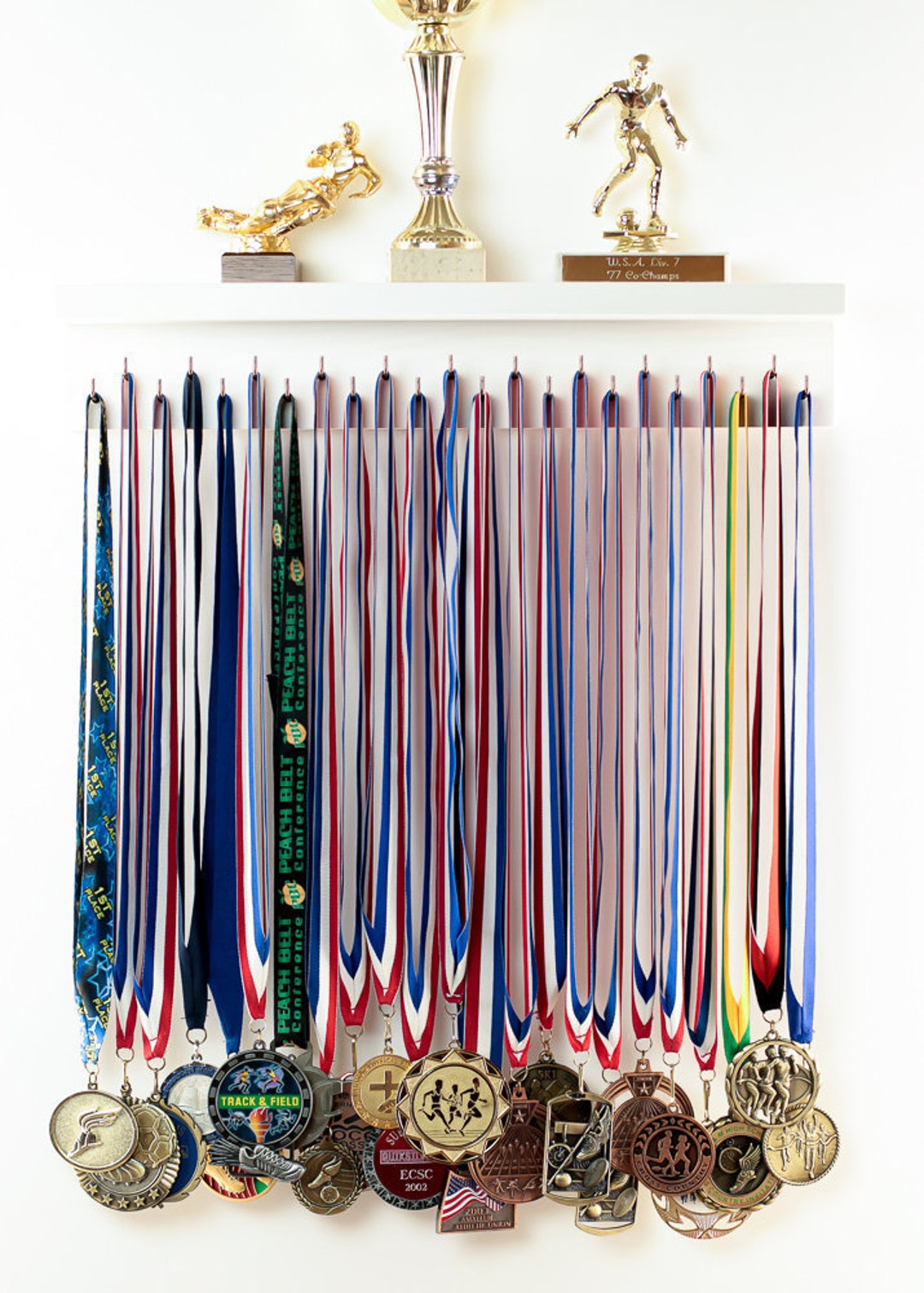 Custom Medal Display Shelf: Wide Top, Ribbon Hooks, Award Rack - Etsy