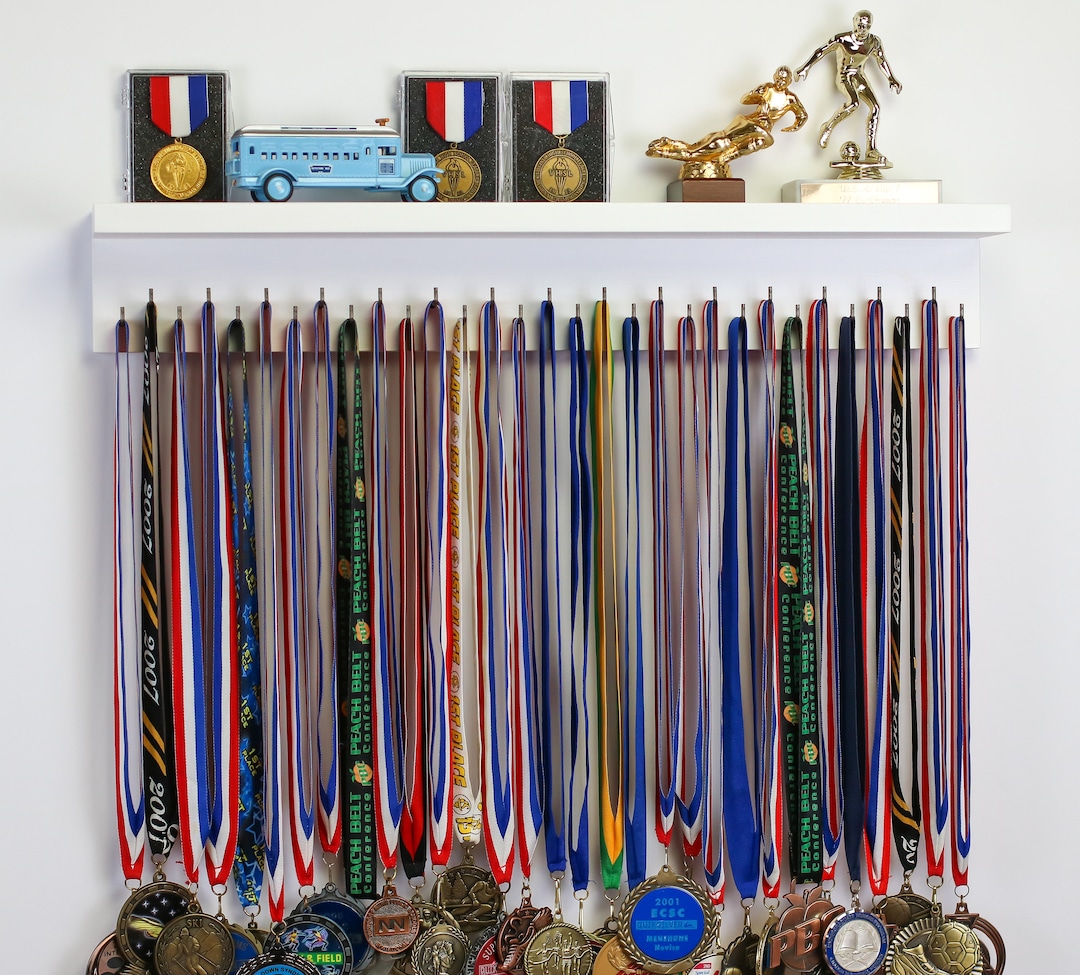LARGE CUSTOM Medal Wall Holder Wide 4" Top Shelf / Trophy Medal Ribbon ...