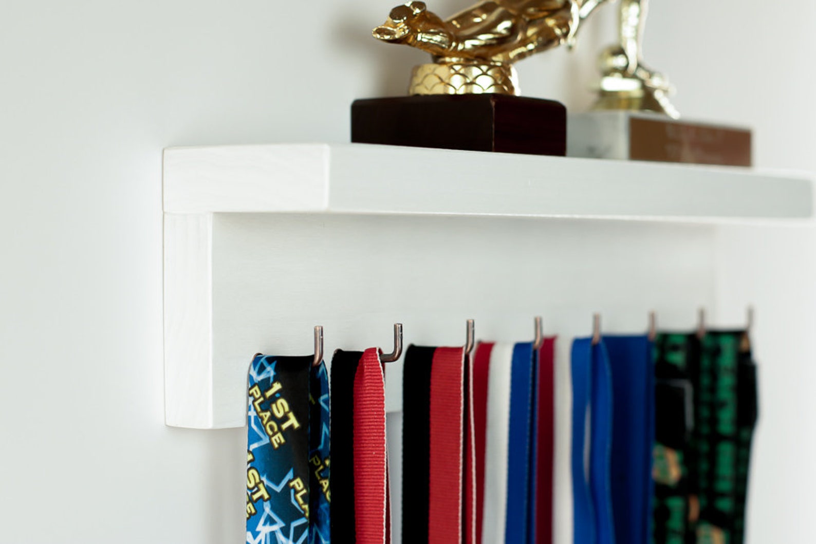 L Hooks Wood Wall Holder With Shelf / Trophy Medal Ribbon Display ...
