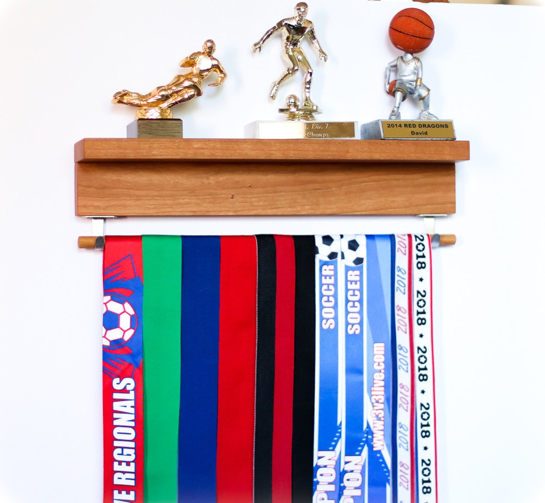 Medal & Trophy NATURAL Wood Wall Holder With Shelf / Trophy Medal ...