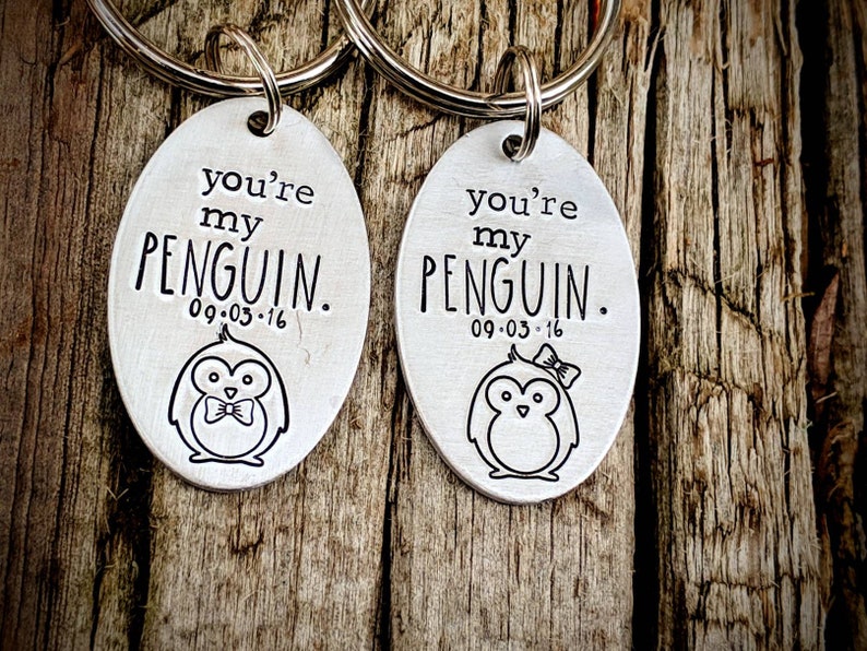 Personalized Hand Stamped Penguin Keychains. Couples Gift Set. - Etsy
