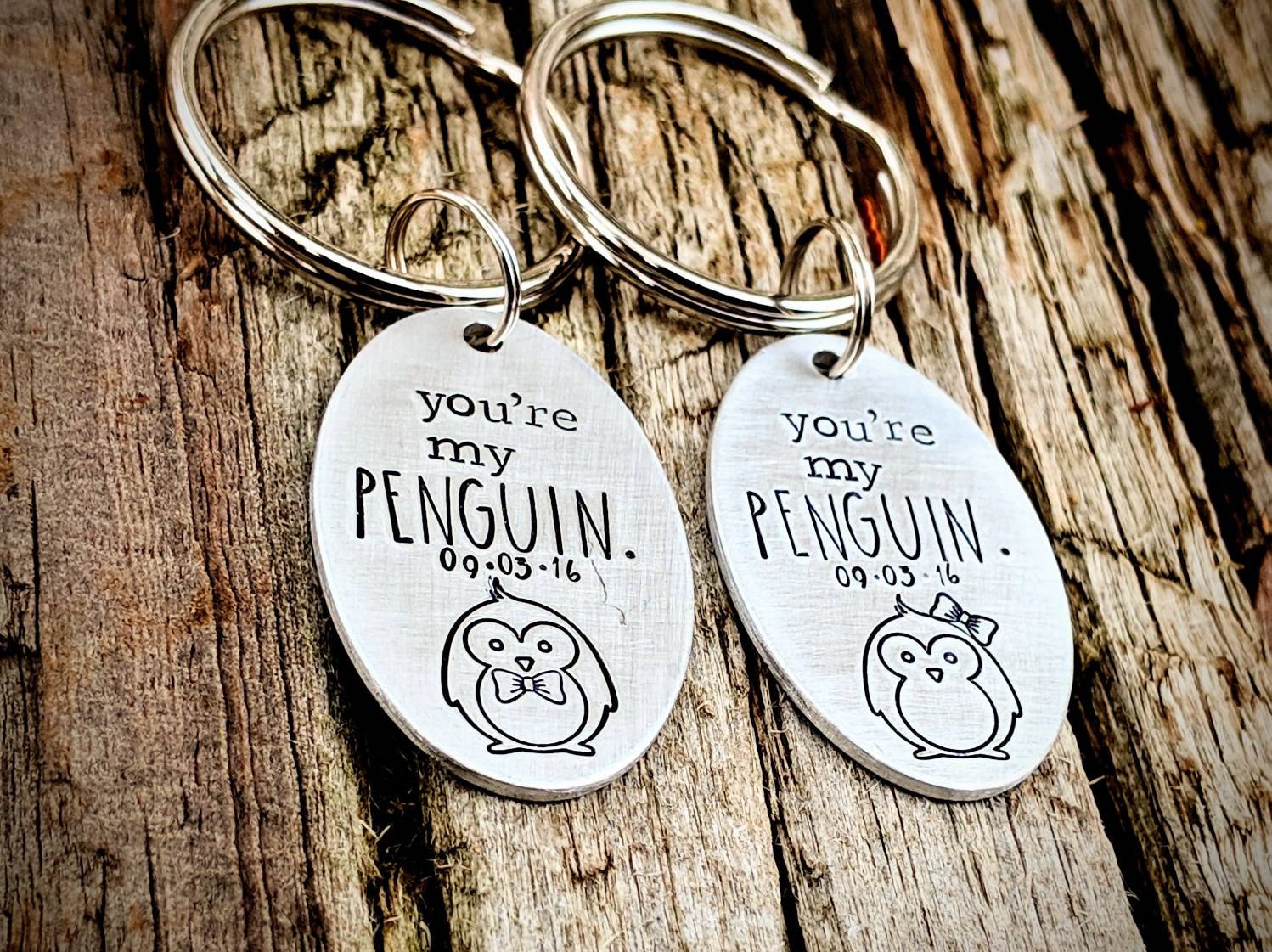 Personalized hand stamped penguin keychains. Couples gift set. | Etsy