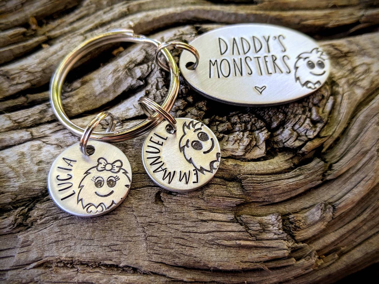 Personalized Hand Stamped Dad Keychain. Daddy's Monsters - Etsy