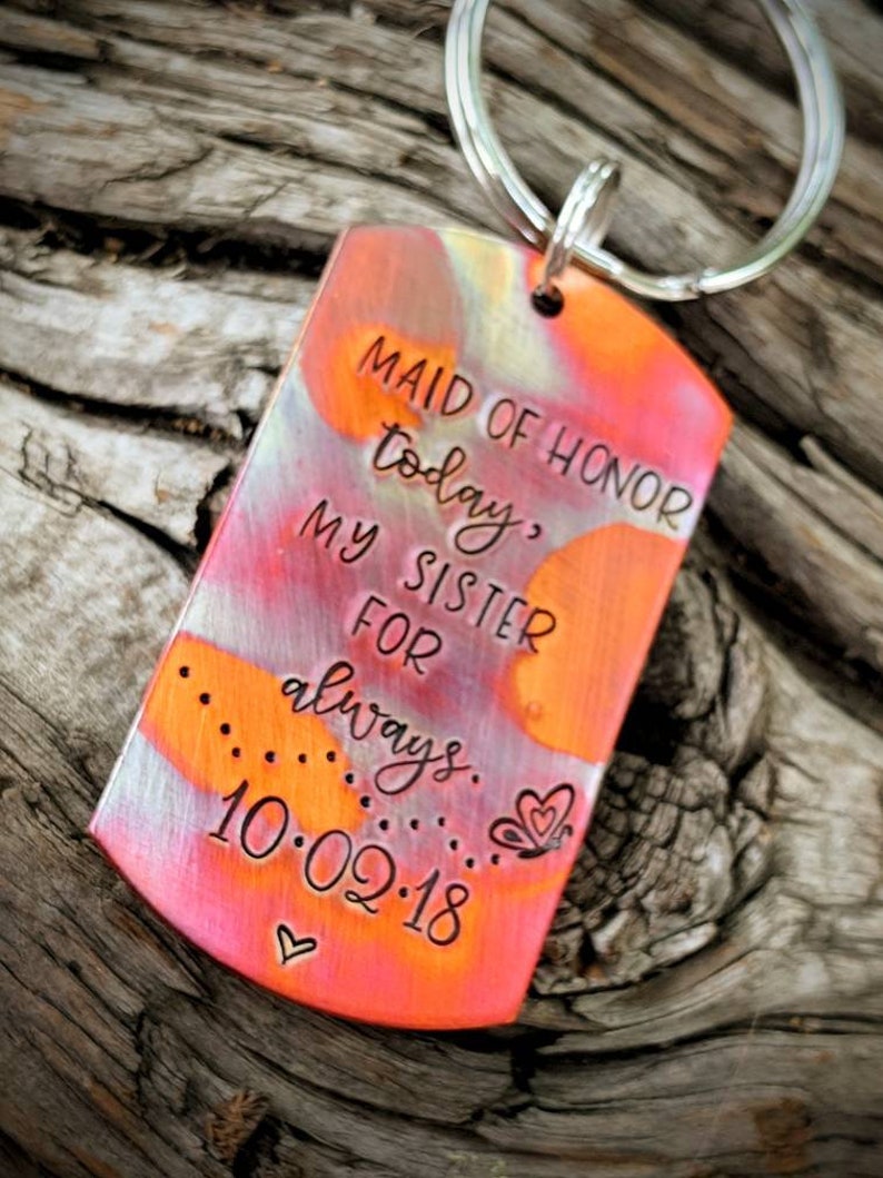 Personalized Hand Stamped Maid of Honor Keychain. Flame Painted Copper ...