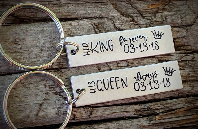 Personalized hand stamped MATCHING SET couples keychains. | Etsy