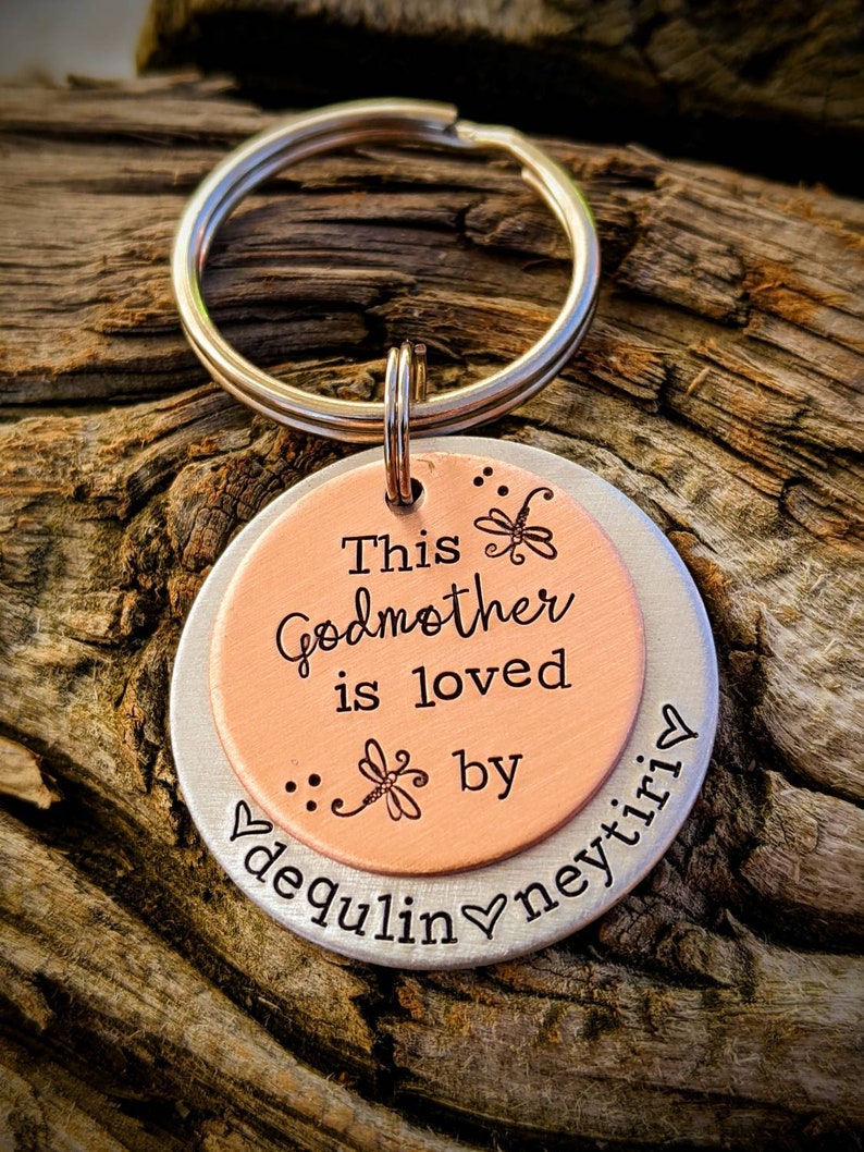 Personalized hand stamped godmother keychain. Custom godmother | Etsy