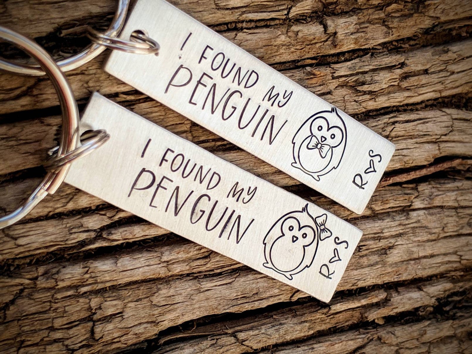 Personalized Penguin Keychains. Hand Stamped Couples Gift Set. Custom ...