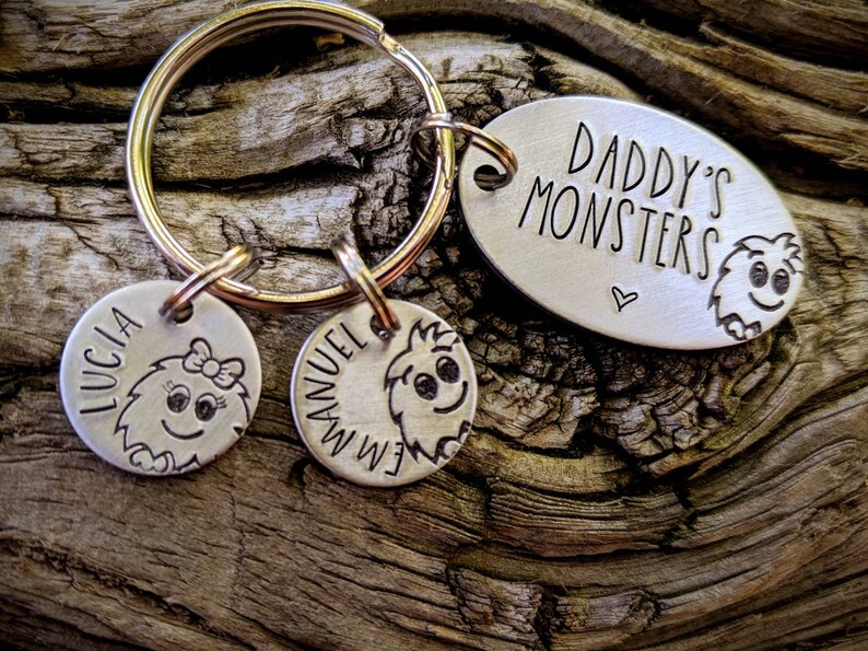 Personalized hand stamped dad keychain. Daddy's monsters | Etsy