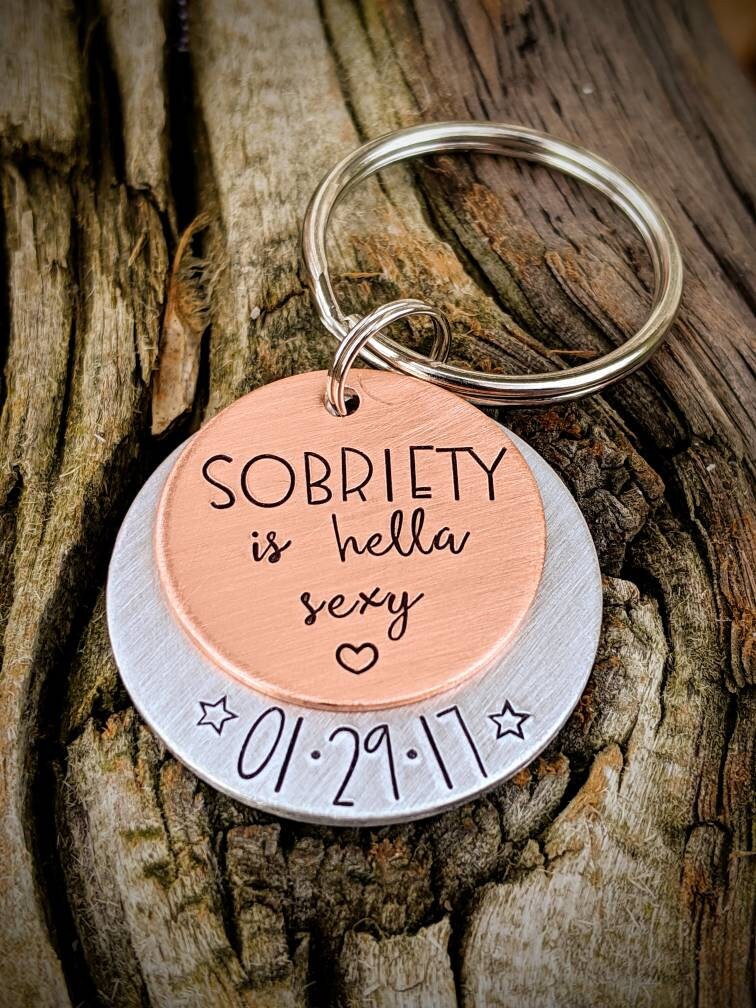 Personalized hand stamped sobriety keychain. Custom sober | Etsy