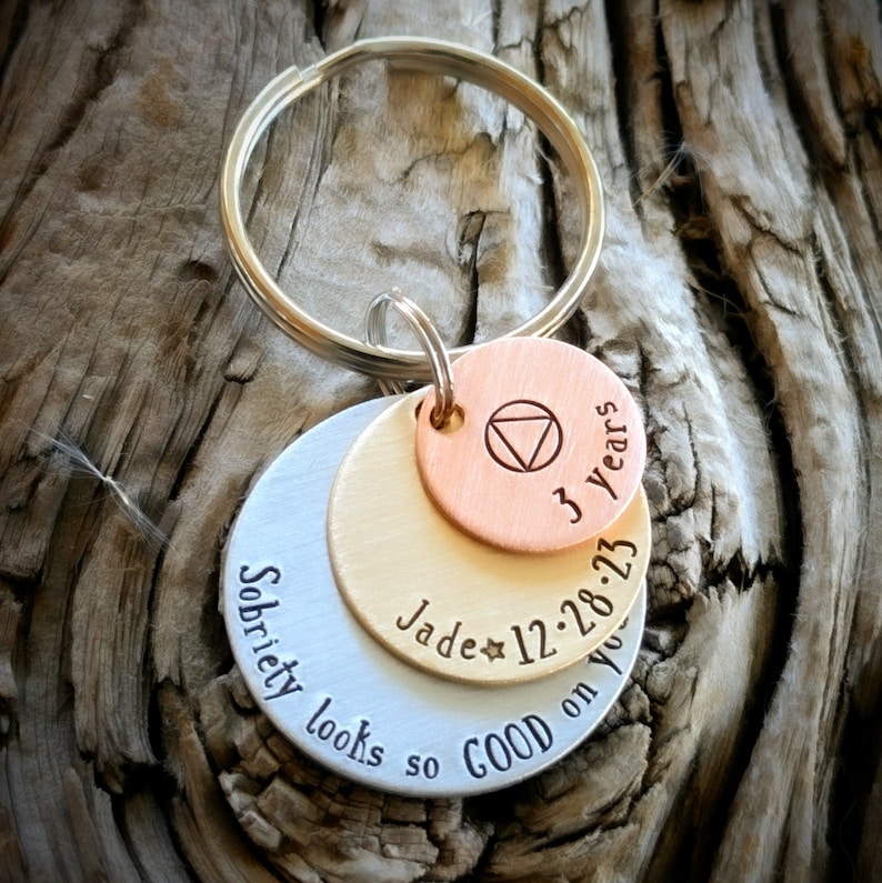 Custom Hand Stamped Sobriety Keychain. 1 Year Sober Gift. 2 Years ...
