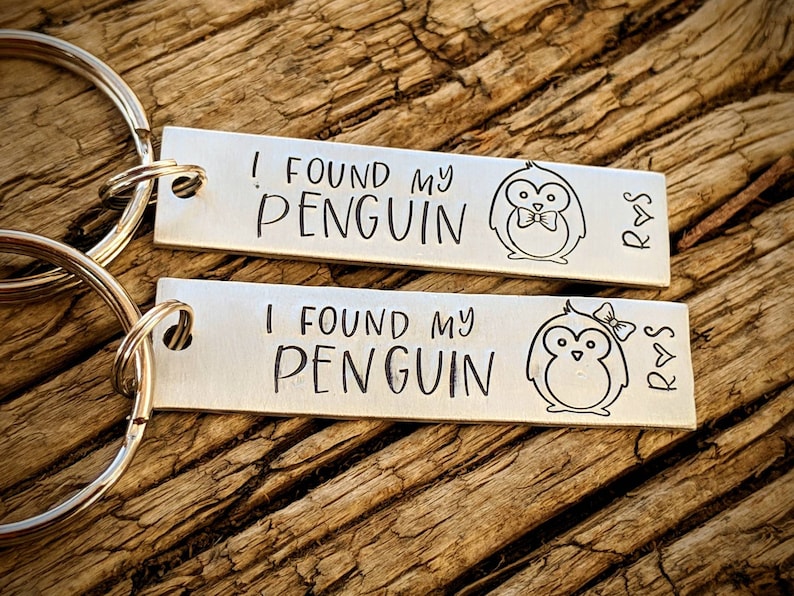 Personalized penguin keychains. Hand stamped couples gift set. | Etsy