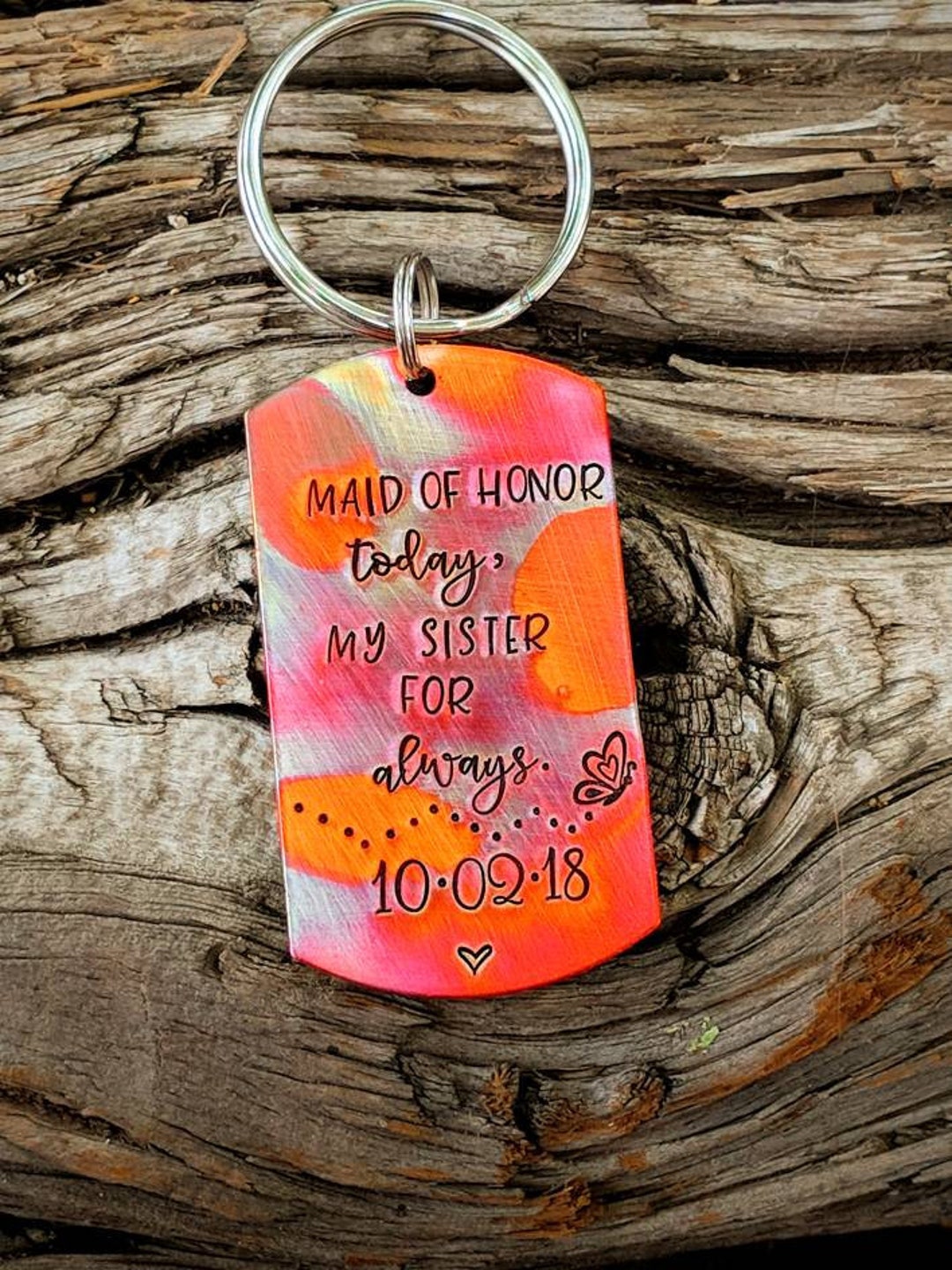 Personalized Hand Stamped Maid of Honor Keychain. Flame Painted Copper ...