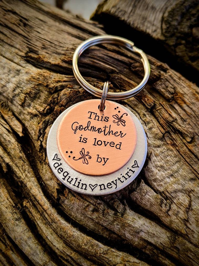 Personalized hand stamped godmother keychain. Custom godmother | Etsy