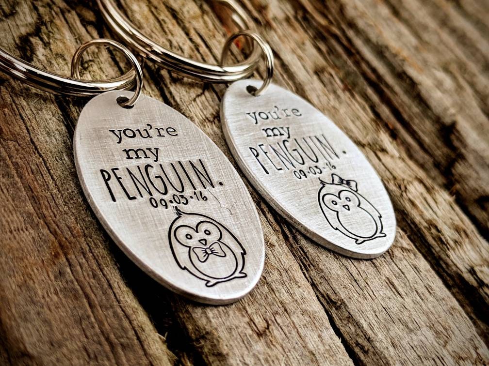 Personalized hand stamped penguin keychains. Couples gift set. | Etsy