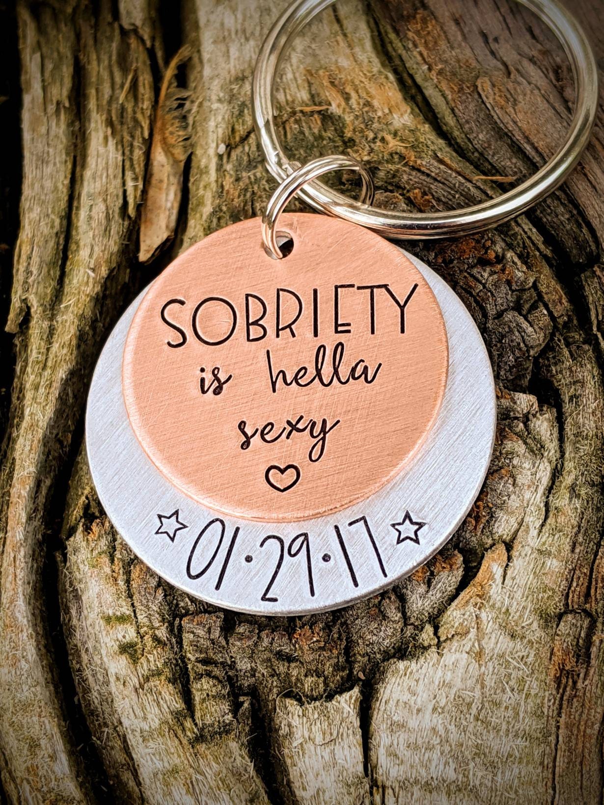 Personalized hand stamped sobriety keychain. Custom sober | Etsy