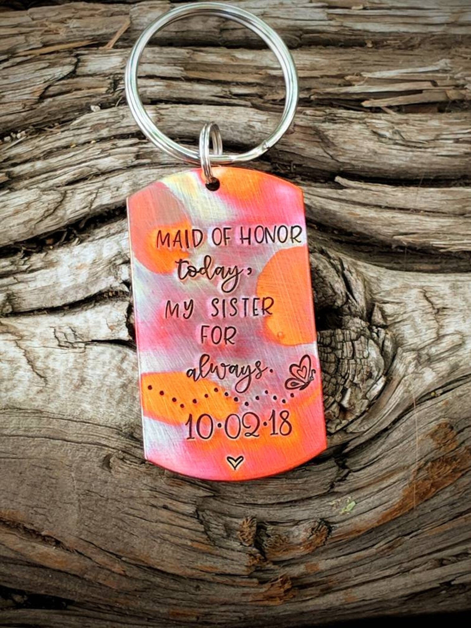 Personalized Hand Stamped Maid of Honor Keychain. Flame Painted Copper ...