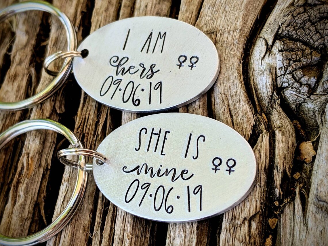 Personalized hand stamped girlfriend keychains. Matching | Etsy