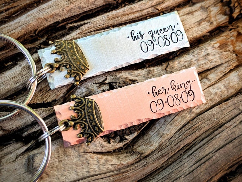Personalized hand stamped MATCHING SET couples keychains. | Etsy