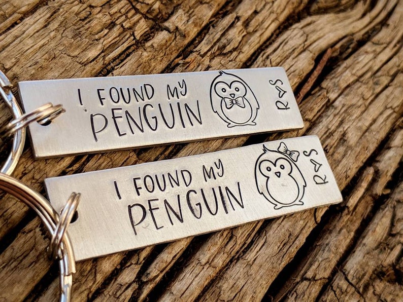 Personalized Penguin Keychains. Hand Stamped Couples Gift Set. Custom ...