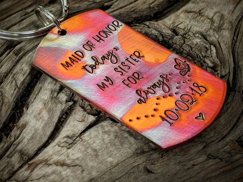 Personalized Hand Stamped Maid of Honor Keychain. Flame Painted Copper ...