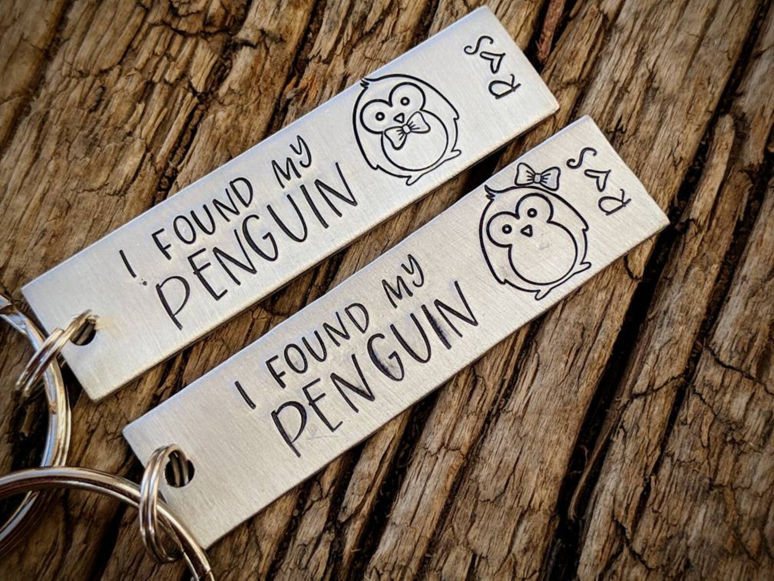 Personalized Penguin Keychains. Hand Stamped Couples Gift Set. Custom ...