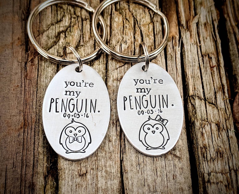 Personalized Hand Stamped Penguin Keychains. Couples Gift Set. | Etsy