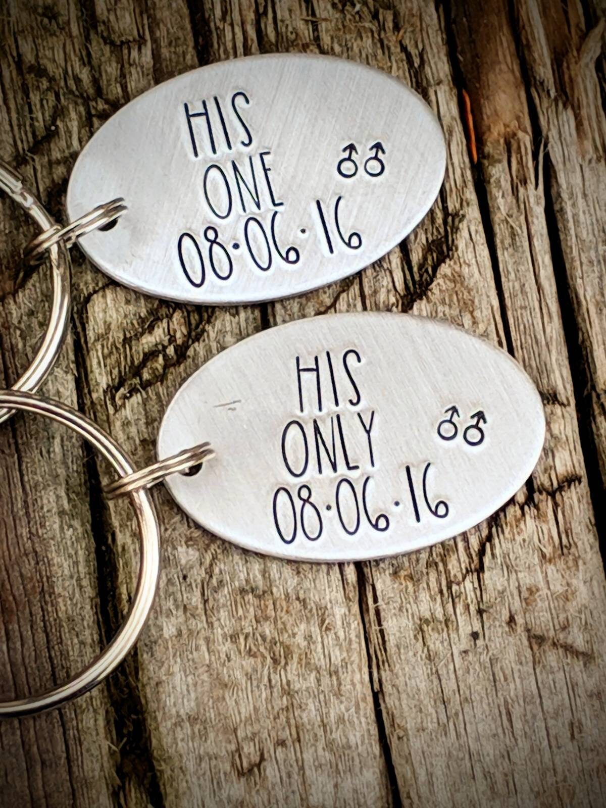Custom hand stamped keychain set. His one his only gift set. | Etsy
