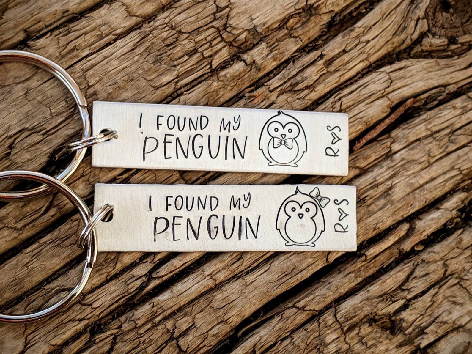 Personalized Penguin Keychains. Hand Stamped Couples Gift Set. Custom ...
