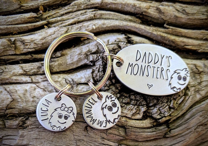 Personalized hand stamped dad keychain. Daddy's monsters | Etsy