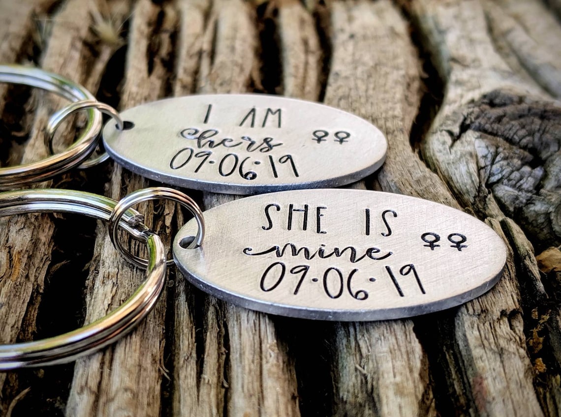 Personalized hand stamped girlfriend keychains. Matching | Etsy