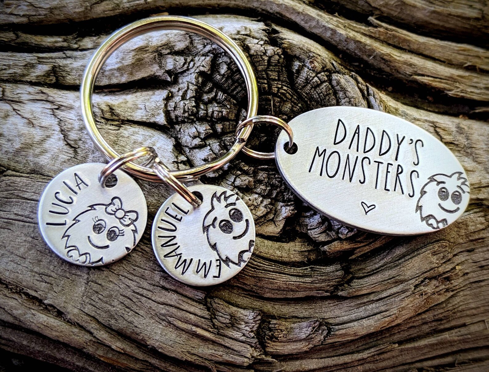 Personalized Hand Stamped Dad Keychain. Daddy's Monsters - Etsy