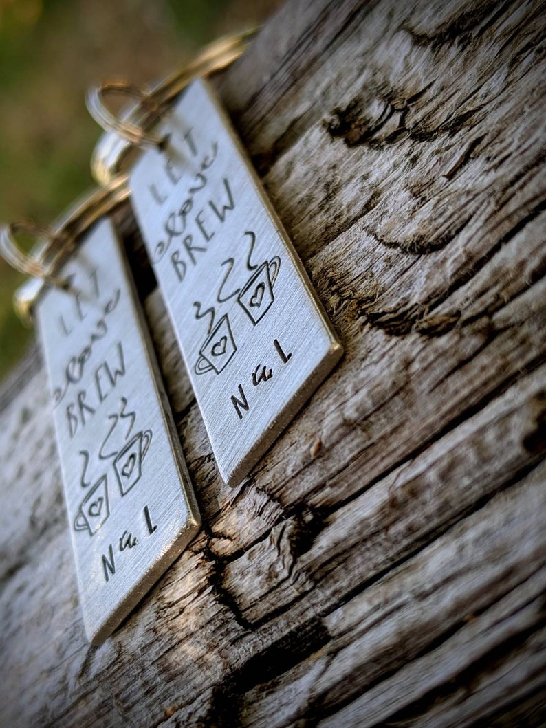 Personalized hand stamped coffee keychains. Couples gift set. | Etsy