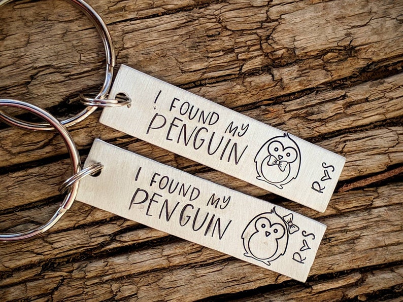 Personalized Penguin Keychains. Hand Stamped Couples Gift Set. Custom ...