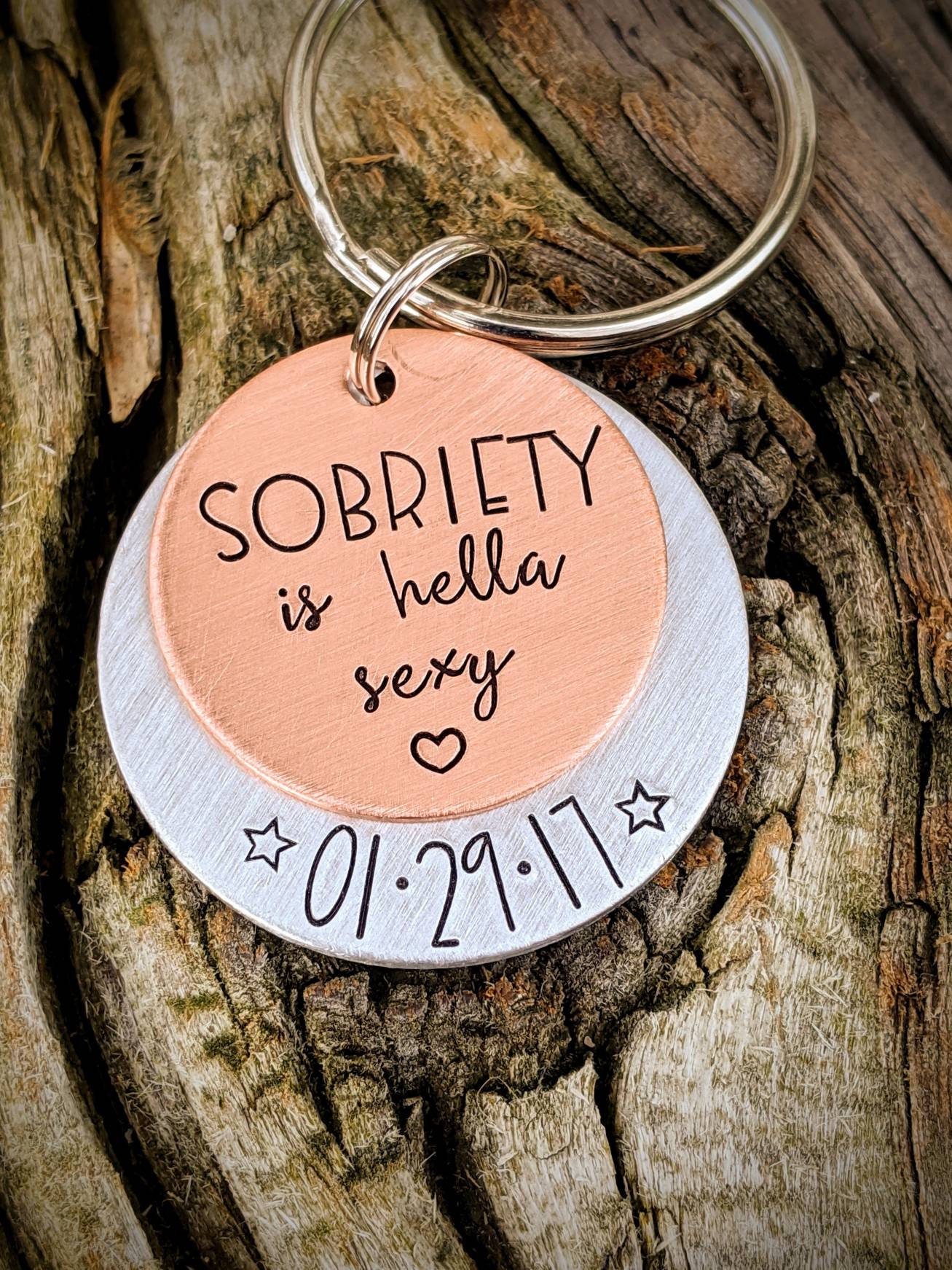 Personalized hand stamped sobriety keychain. Custom sober | Etsy