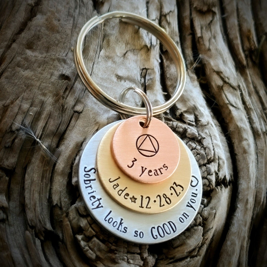 Custom Hand Stamped Sobriety Keychain. 1 Year Sober Gift. 2 Years ...