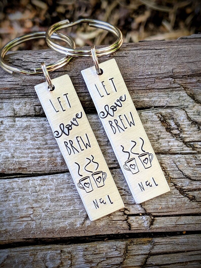 Personalized hand stamped coffee keychains. Couples gift set. | Etsy