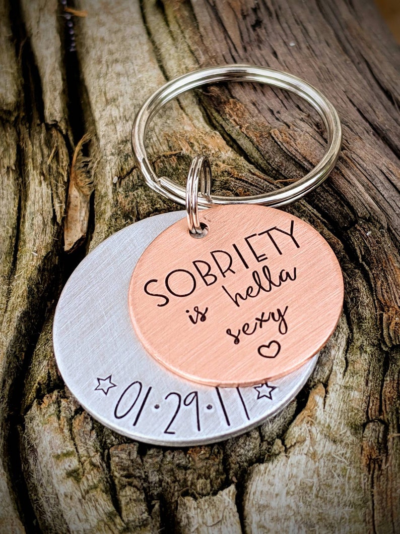 Personalized Hand Stamped Sobriety Keychain. Custom Sober | Etsy