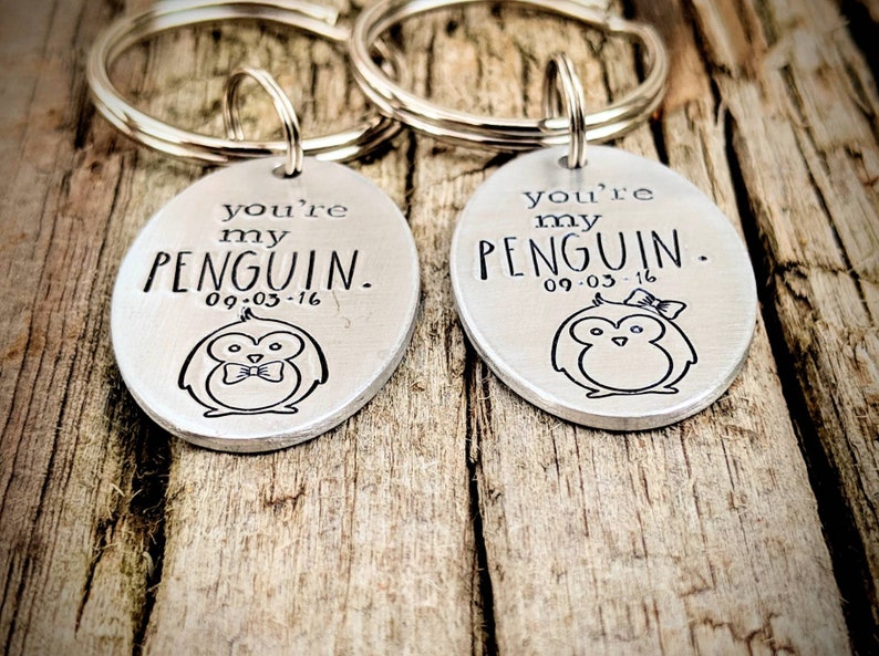 Personalized Hand Stamped Penguin Keychains. Couples Gift Set. | Etsy