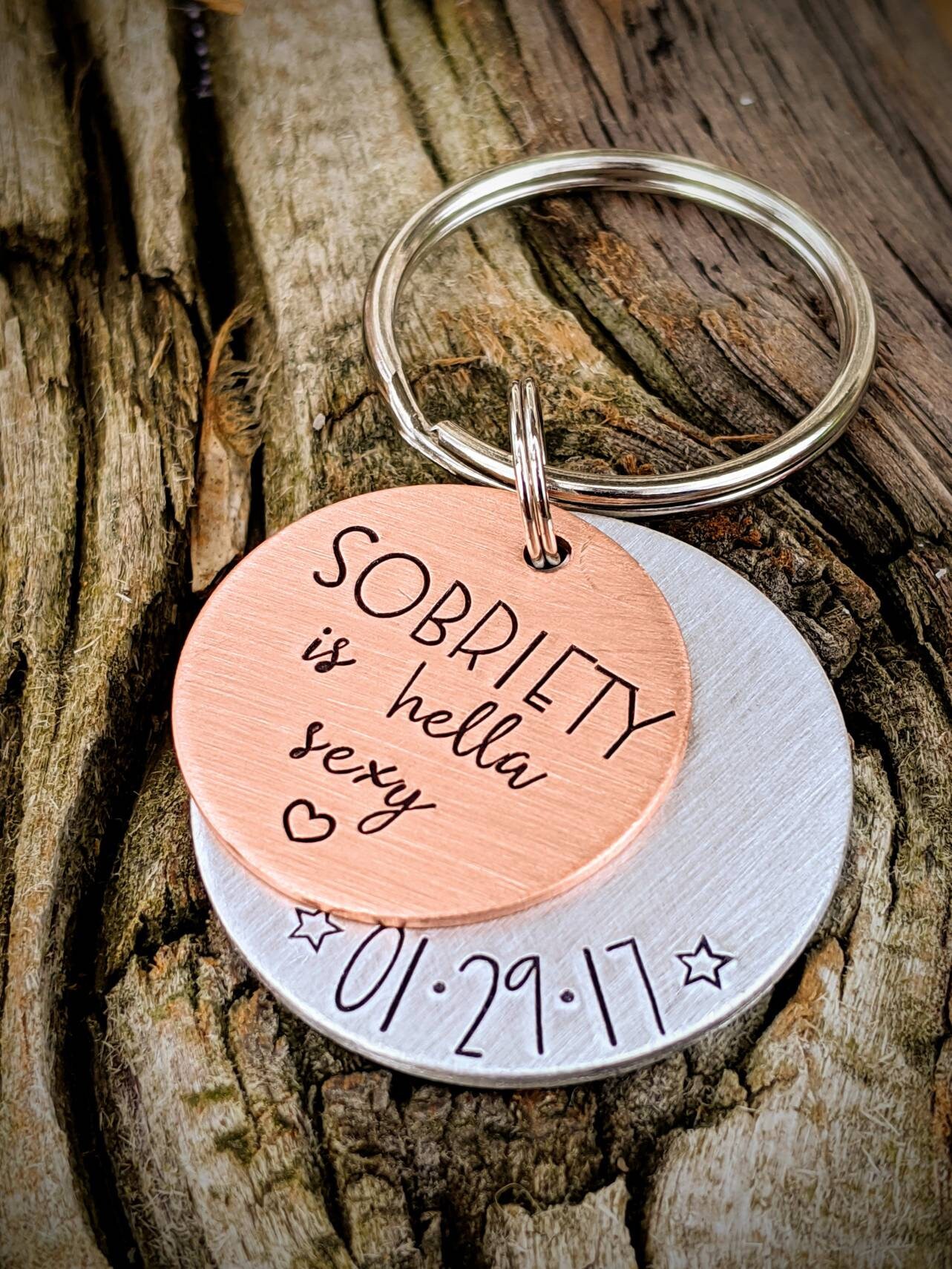 Personalized hand stamped sobriety keychain. Custom sober | Etsy