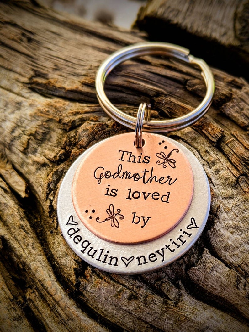 Personalized hand stamped godmother keychain. Custom godmother | Etsy