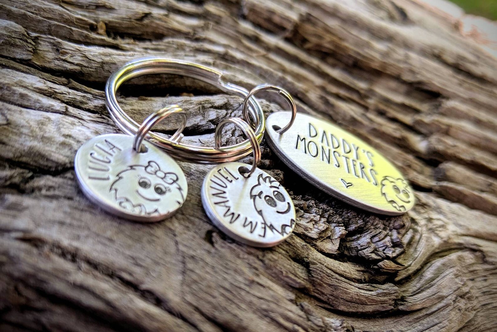 Personalized Hand Stamped Dad Keychain. Daddy's Monsters - Etsy