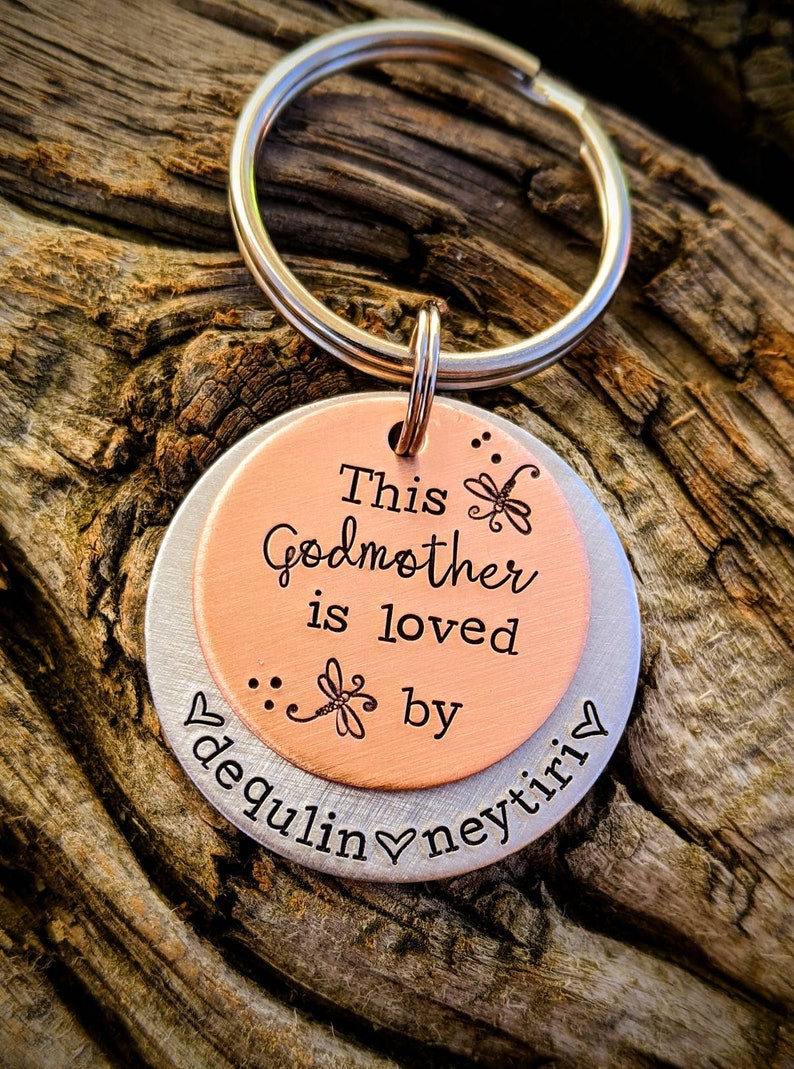 Personalized hand stamped godmother keychain. Custom godmother | Etsy