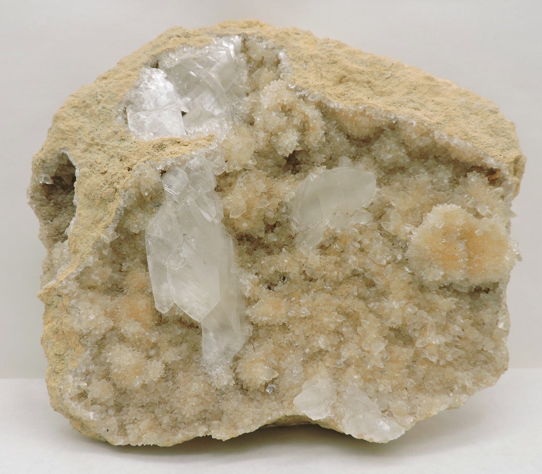 Gypsum Var. Selenite Crystals on Calcite From Morocco - Large Cabinet ...